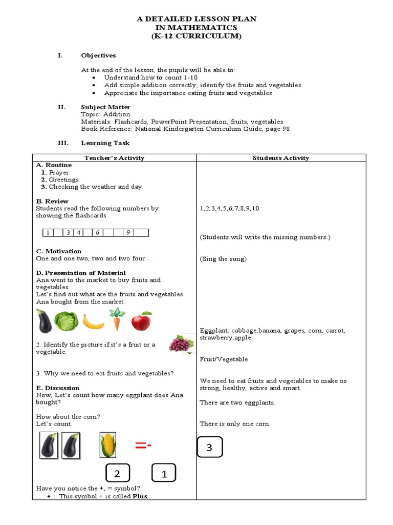 A Detailed Lesson Plan in Mathematics (K-12 Curriculum) : I. Objectives ...