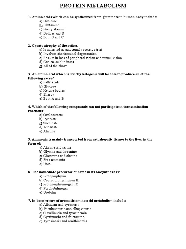 (MCQ) PROTEIN METABOLISM | PDF | Amino Acid | Alanine