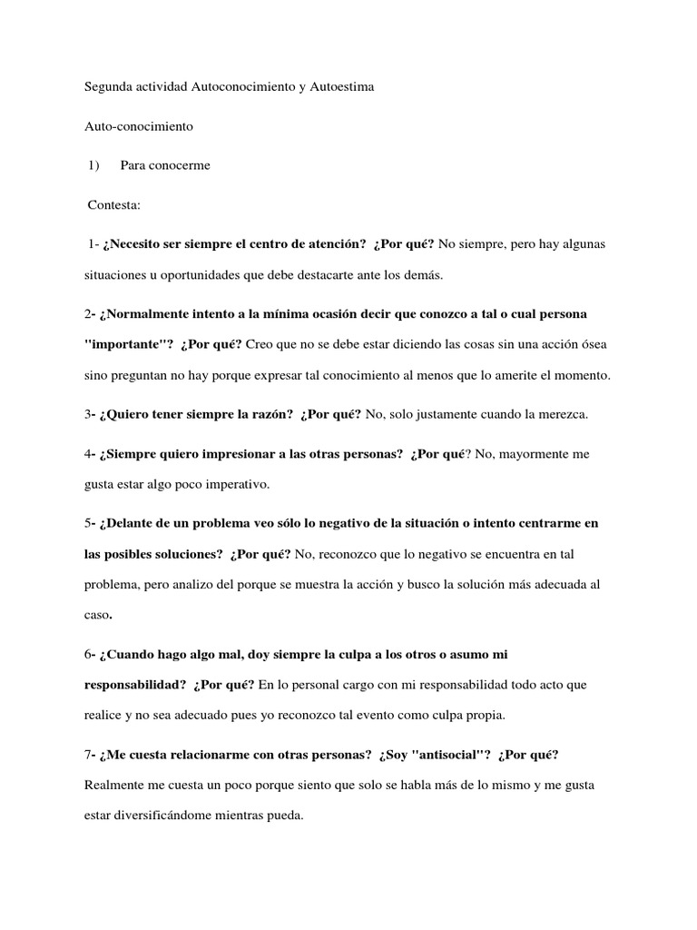 Actividad de Autoconocimiento y Autoestima | PDF | Crecimiento personal ...