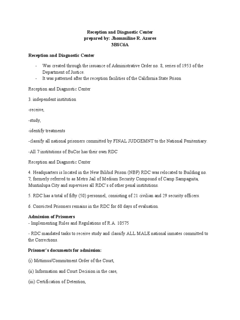 Reception and Diagnostic Center Prepared By: Jhommiline R. Azores ...