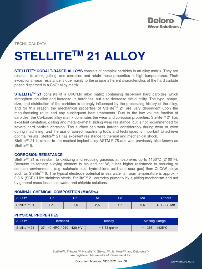 Stellite 21 Specifications | PDF | Wear | Alloy