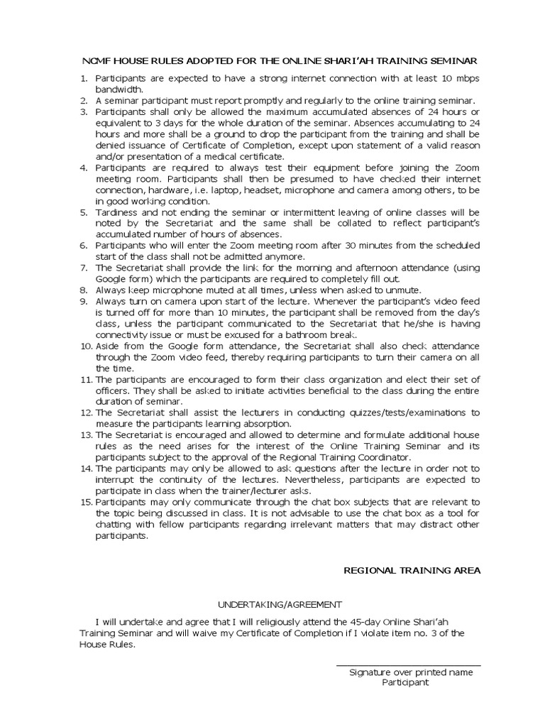 NCMF House Rules Adopted For The Online Shari'Ah Training Seminar | PDF