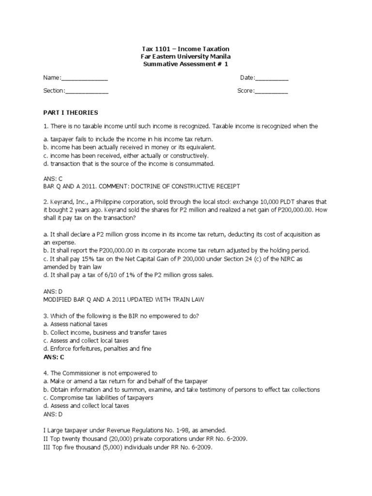 TAX1101 - Summative Assesment # 1 WITH ANS KEY | PDF | Taxes | Income Tax