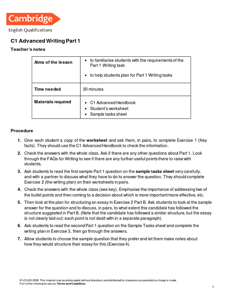 C1 Advanced Writing Part 1: Teacher's Notes | PDF | Essays | Worksheet