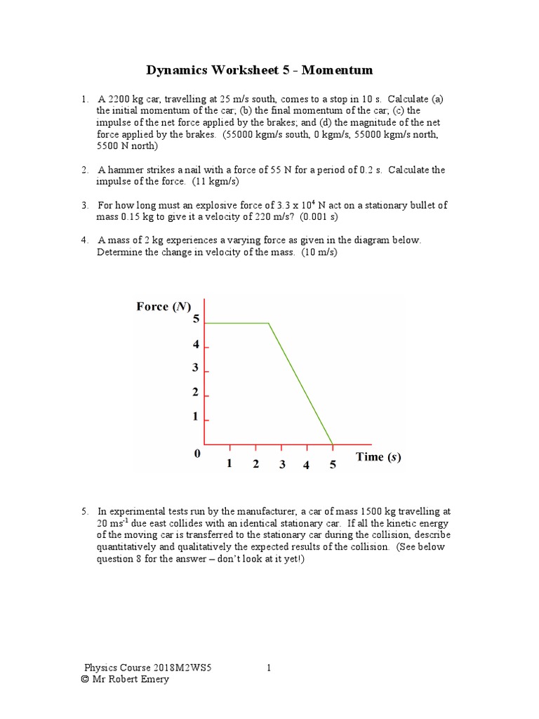 Dynamics Worksheet 5 | PDF | Collision | Force