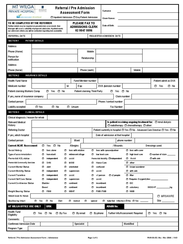 Patient Admission Assessment Form | PDF | Patient | Hospital