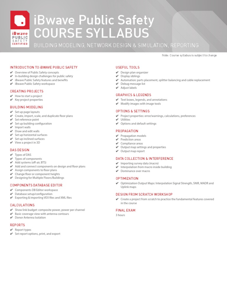 Ibwave Public Safety Course Syllabus: Building Modeling, Network Design & Simulation, Reporting ...