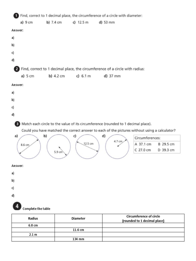 Answer: A) B) C) D) : Radius Diameter Circumference of Circle (Rounded ...