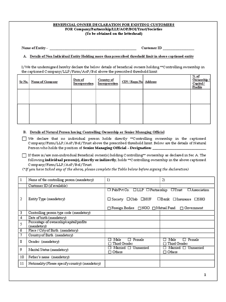 Beneficial Owner Declaration For Existing Customer Revised | PDF ...