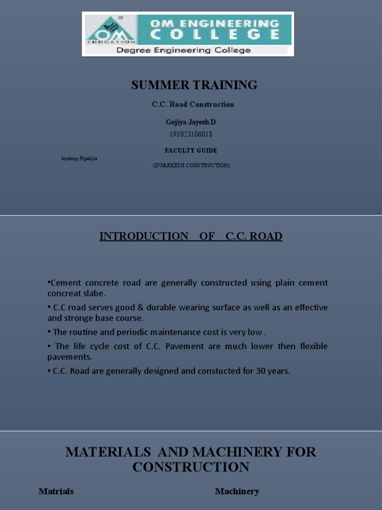 C.C. Road Construction Process Overview | PDF | Concrete | Road Surface