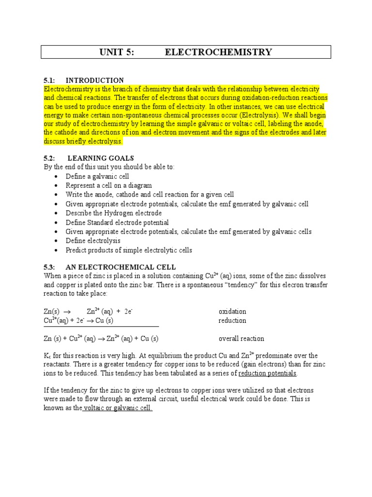 Unit 5: Electrochemistry | PDF | Electrochemistry | Redox