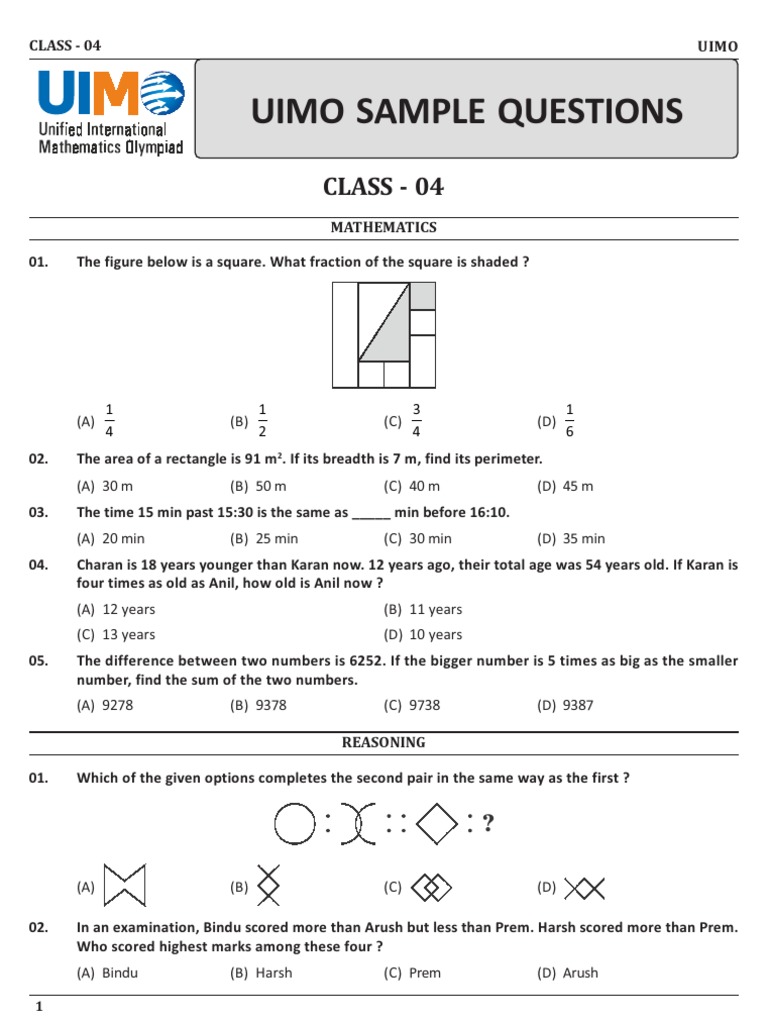 Class - 4 - UIMO - Sample Questions With KEY & Sol. | PDF | Area | Numbers