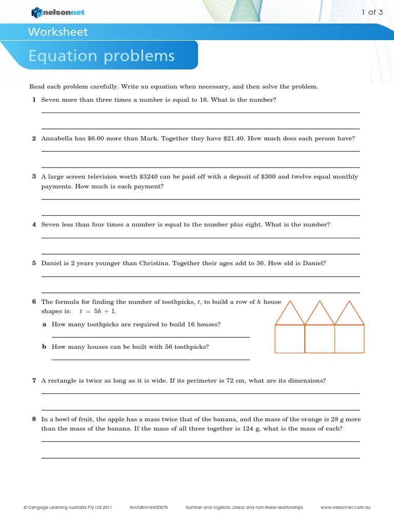 Equation Problems: Worksheet | PDF | Equations | Algebra