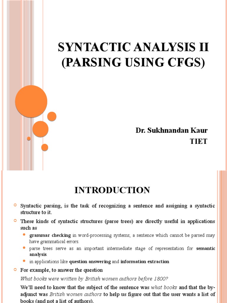 Syntactic Analysis Ii (Parsing Using CFGS) : Dr. Sukhnandan Kaur Tiet | PDF | Parsing | Syntax