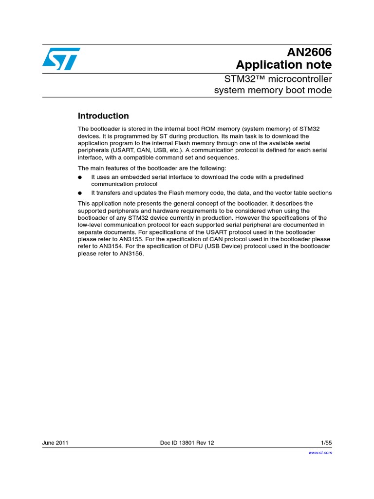 AN2606 Application Note: STM32™ Microcontroller System Memory Boot Mode ...