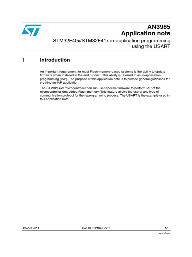 Dm00036049 Stm32f41x In Application Programming Using The Usart Pdf Computer File Flash 