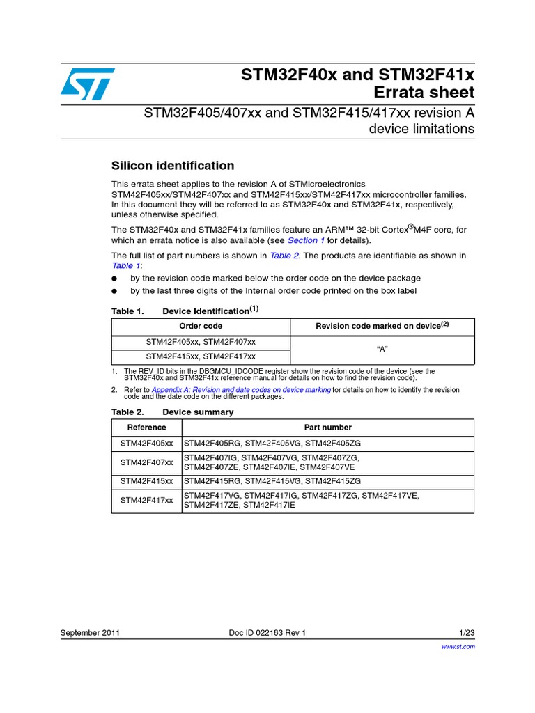 DM00037591 - STM32F40xxx Errata Sheet | PDF | Transmission Control ...