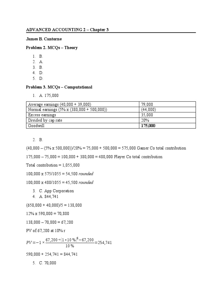 Advanced Accounting 2 - Chapter 3 James B. Cantorne Problem 2. Mcqs - Theory | PDF | Teaching ...