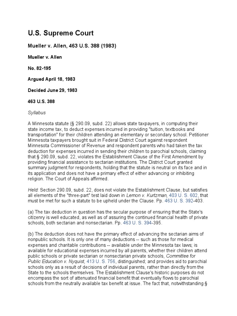 Mueller V Allen 463 US 388 June 29, 1983 | PDF | Federal Government Of ...