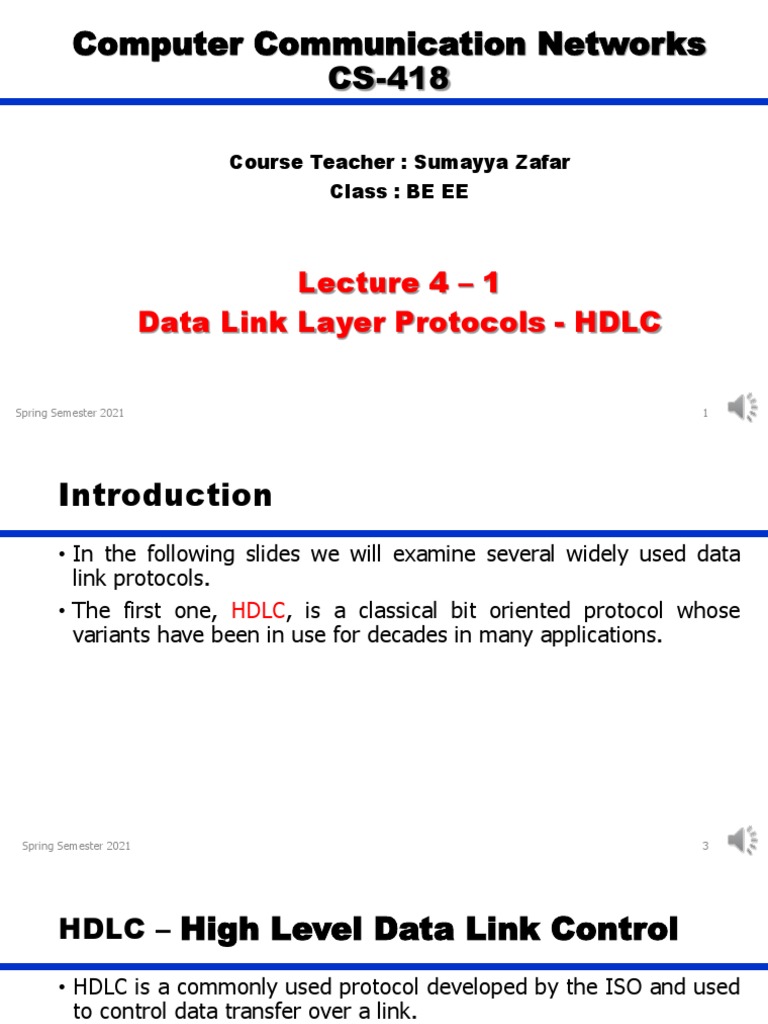 Computer Communication Networks CS-418: Lecture 4 - 1 Data Link Layer Protocols - HDLC | PDF ...
