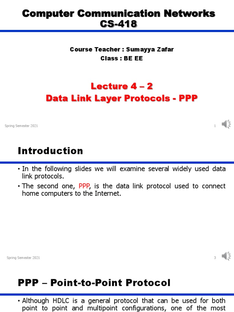 Computer Communication Networks CS-418: Lecture 4 - 2 Data Link Layer Protocols - PPP | PDF ...