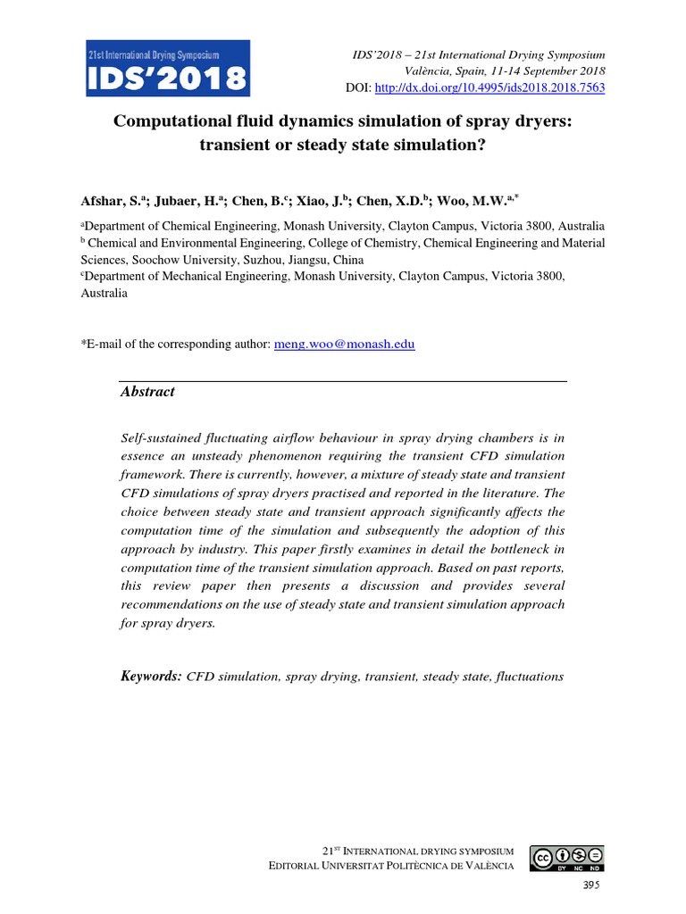 Computational Fluid Dynamics Simulation of Spray Dryers - Trasient or Steady State Simulation ...