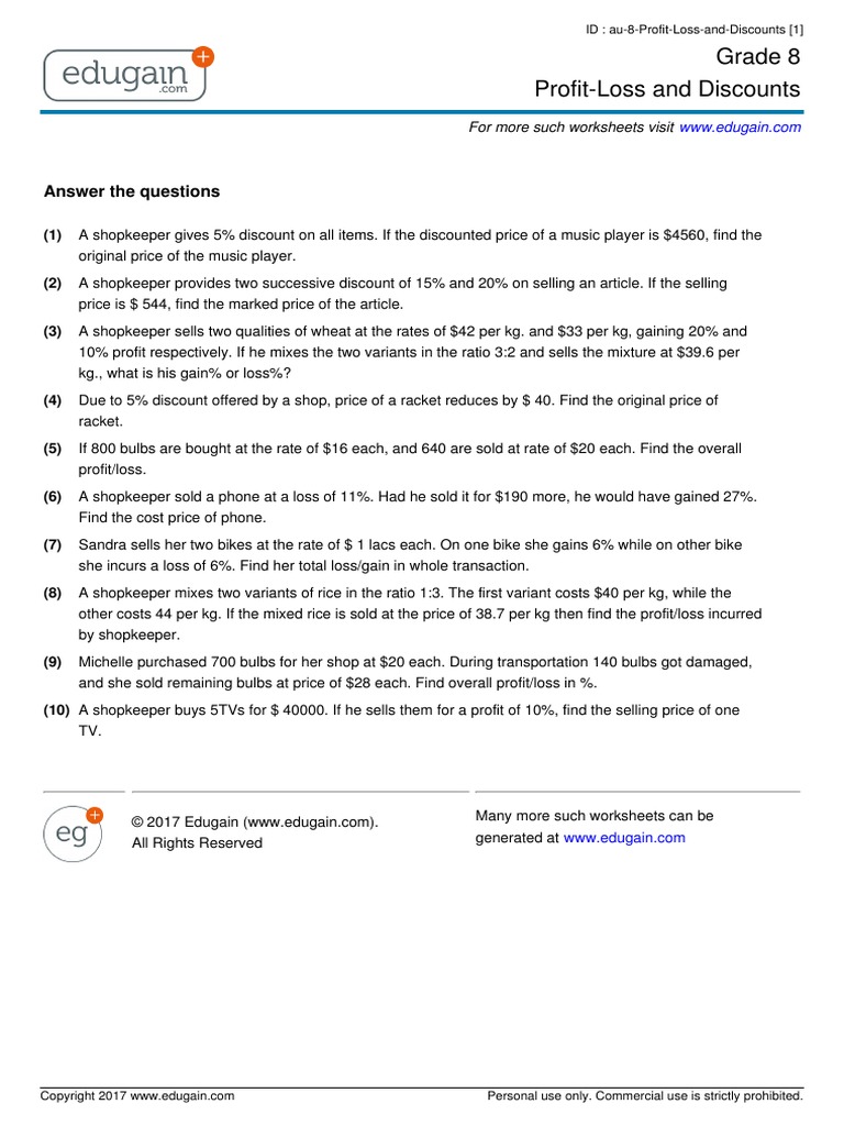 Grade 8 Profit-Loss and Discounts: Answer The Questions | PDF | Prices ...