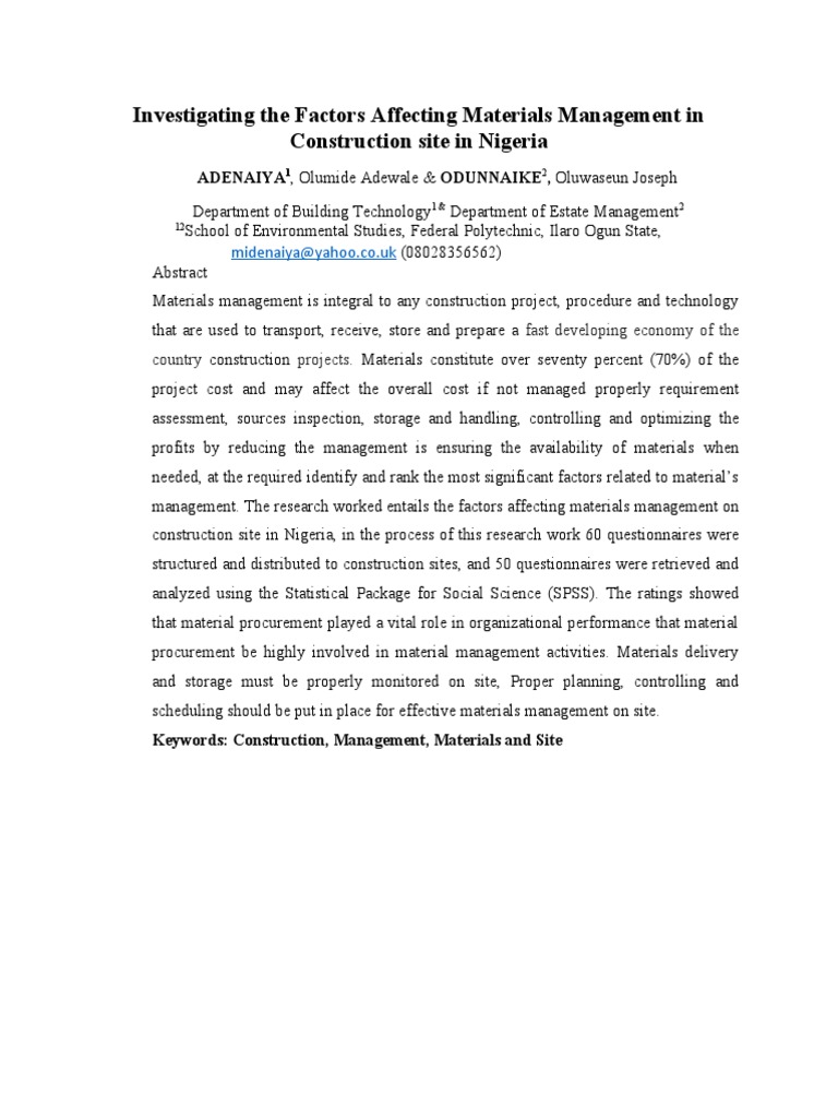 Investigating The Factors Affecting Materials Management in Construction Site in Nigeria | PDF ...