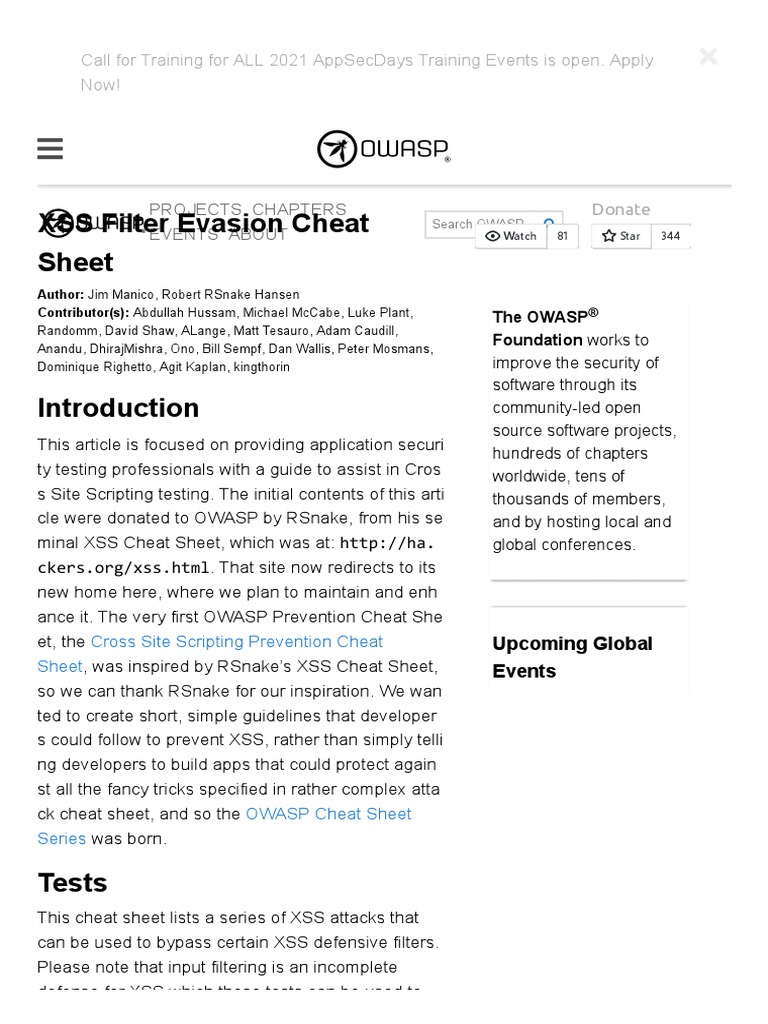 XSS Filter Evasion Cheat Sheet - OWASP | PDF | Html Element | Java Script