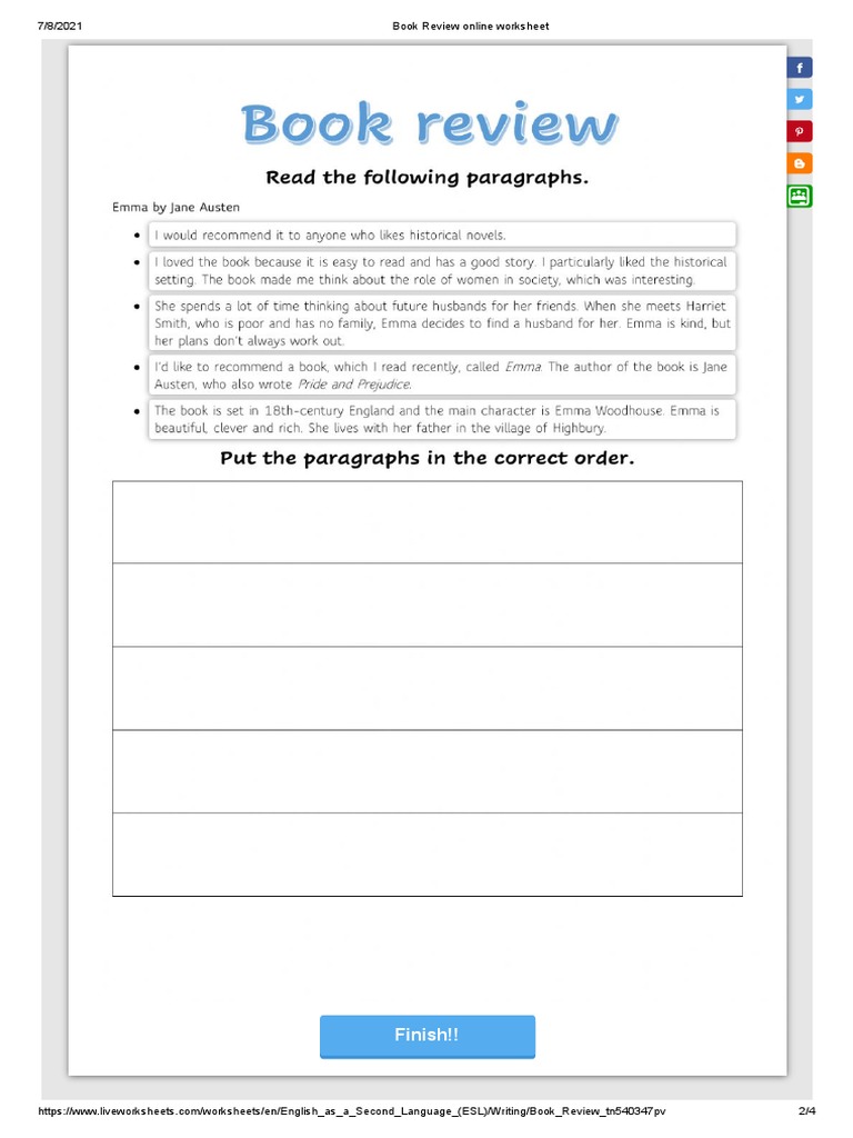 Book Review Online Worksheet Beginner | PDF