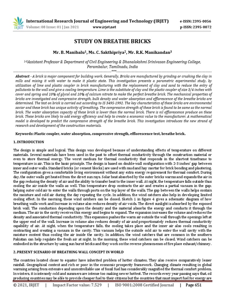 Study On Breathe Bricks: International Research Journal of Engineering ...