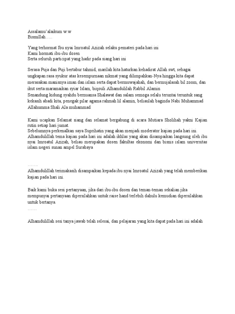 Script MC Kajian Mutiara Sholihah | PDF