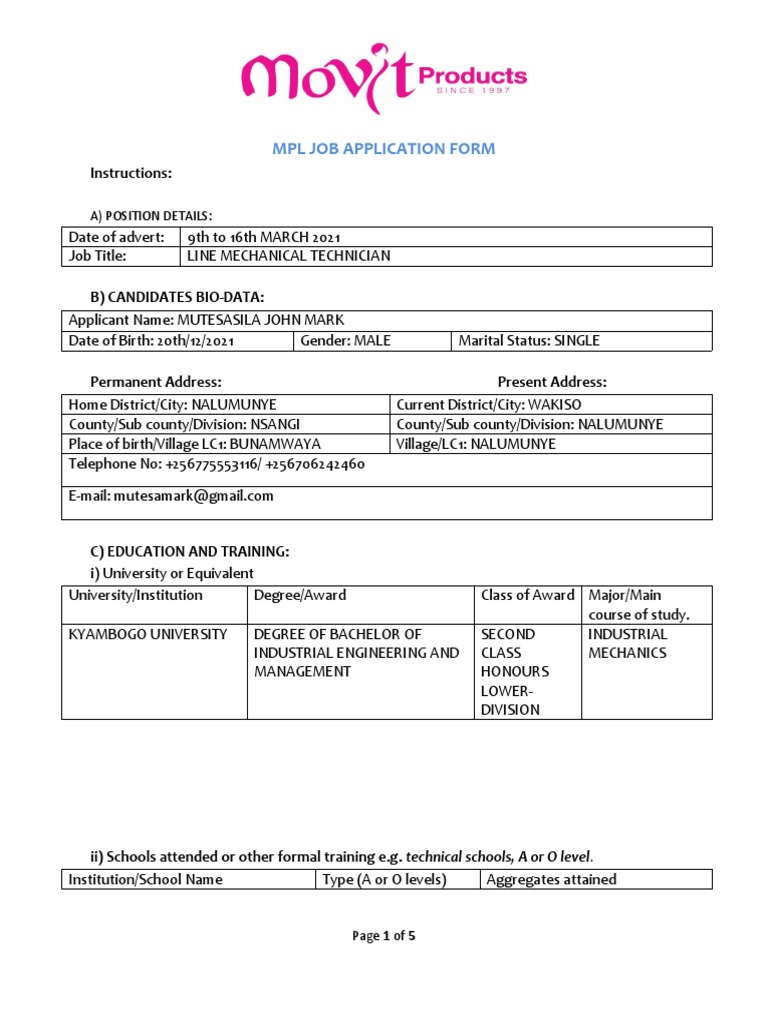 Movit Job Application Form | PDF | Engines | Academic Degree