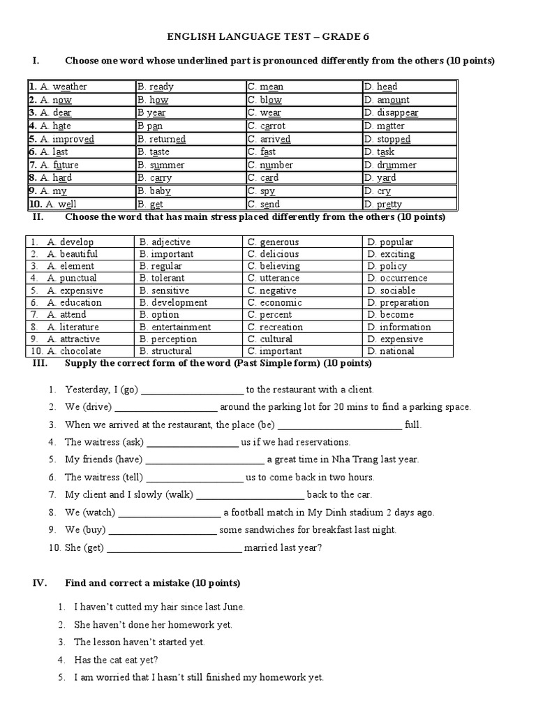 ENGLISH LANGUAGE TEST Grade 6 | PDF