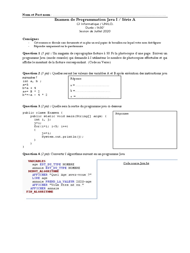 Examen de Java I G1 19-20 | PDF | Java (Langage de programmation) | Programmation informatique