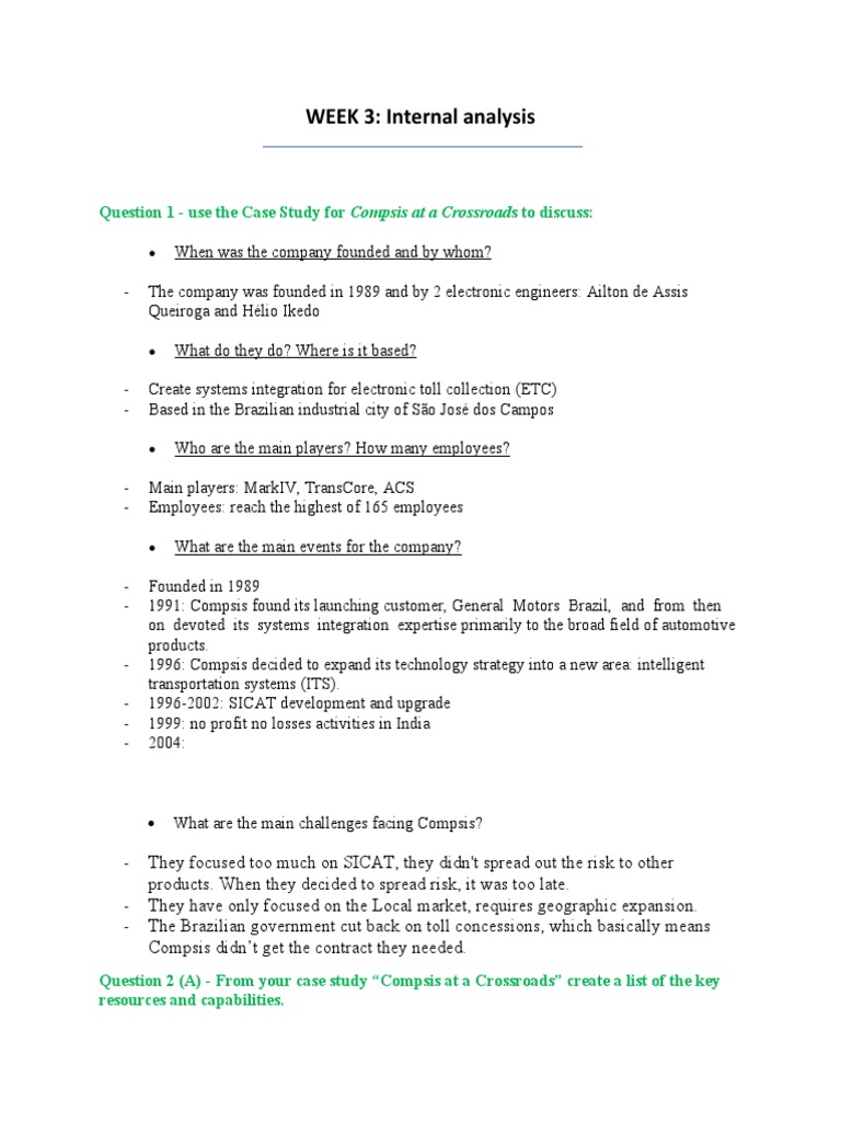 WEEK 3: Internal Analysis: Question 1 - Use The Case Study For Compsis ...