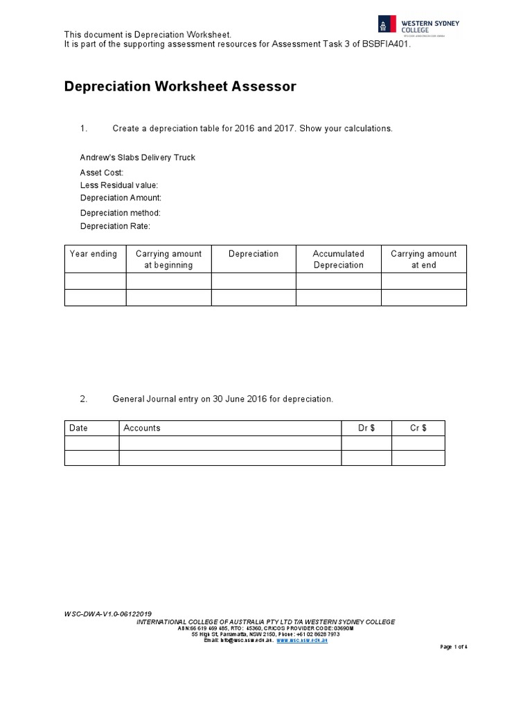 WSC - BSBFIA401 SD Depreciation Worksheet V 1.0 | PDF | Depreciation ...
