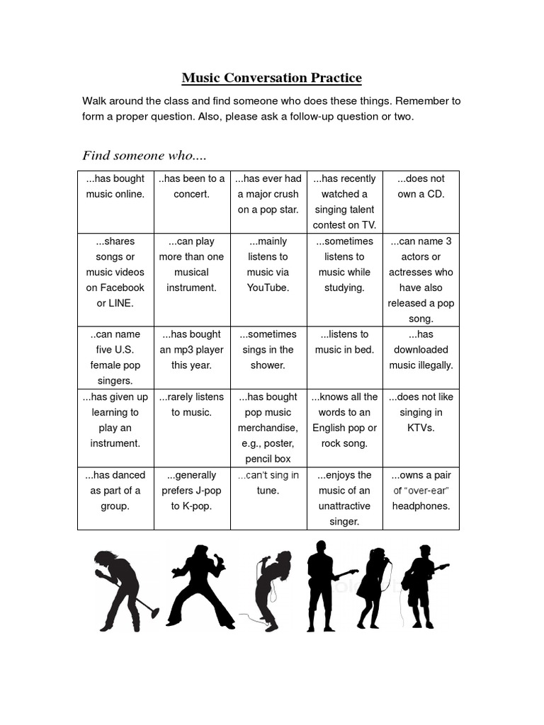 Find Someone Who.... : Music Conversation Practice | PDF | Singing | Songs