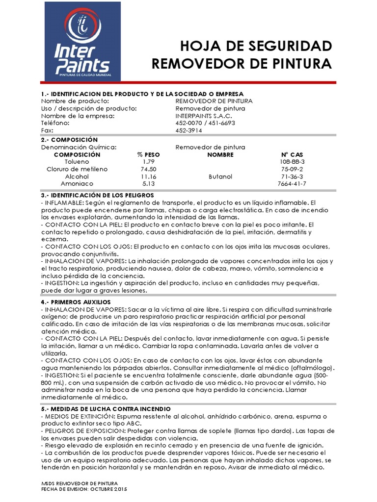 Hoja De Seguridad Removedor De Pintura Pdf
