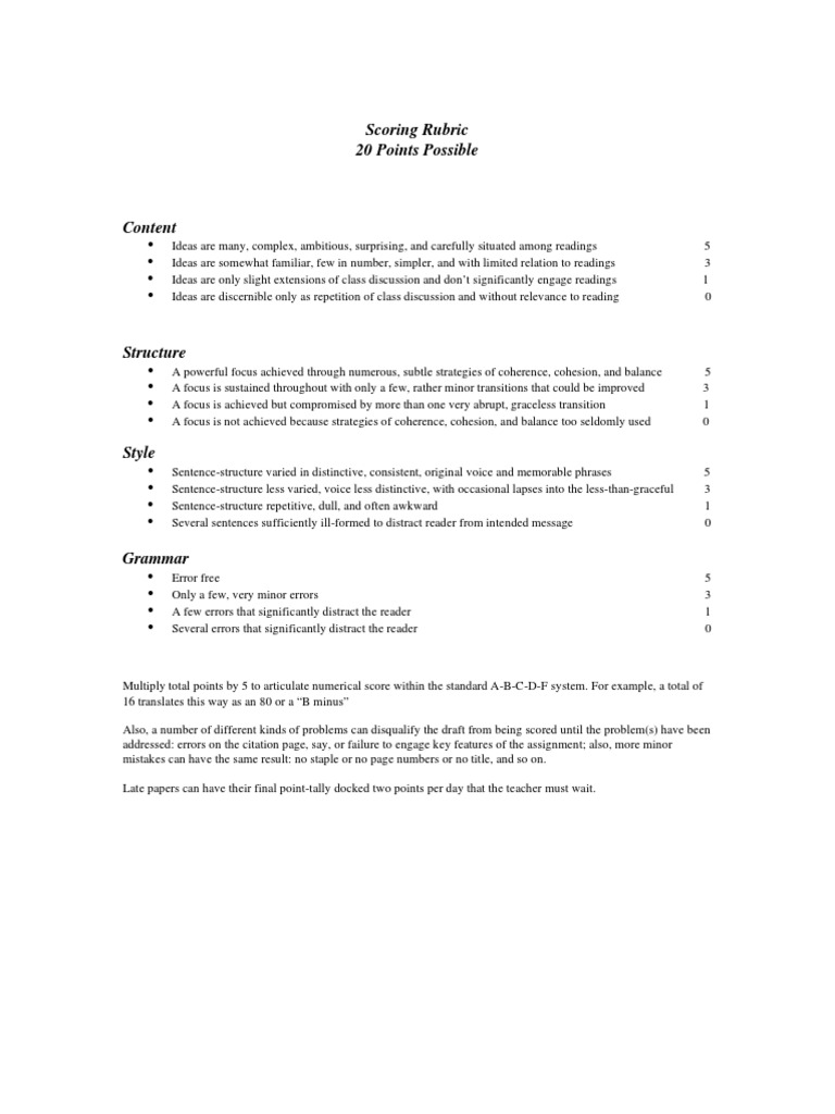 Essay Scoring Rubric: 20 Points | PDF | Communication | Cognition
