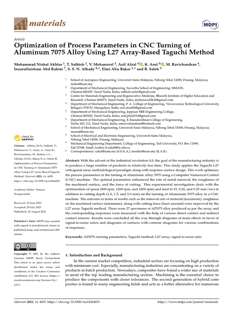 Materials: Optimization of Process Parameters in CNC Turning of Aluminum 7075 Alloy Using L27 ...