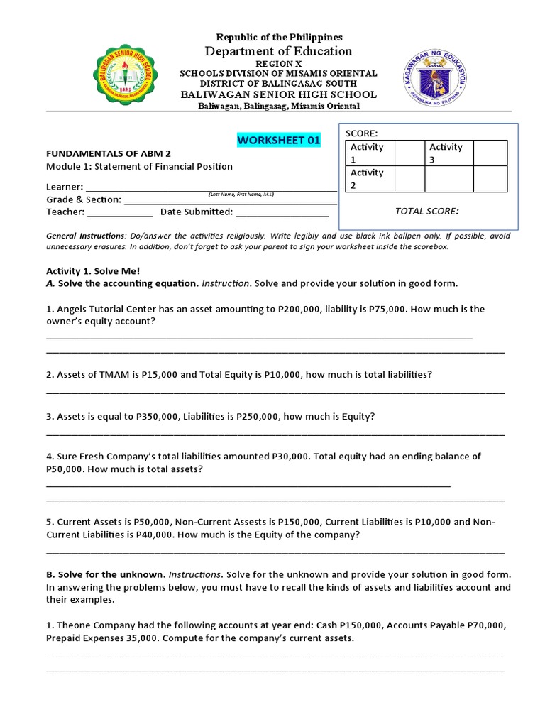 Worksheet FABM2 Q1 M1 SFP | PDF | Expense | Balance Sheet