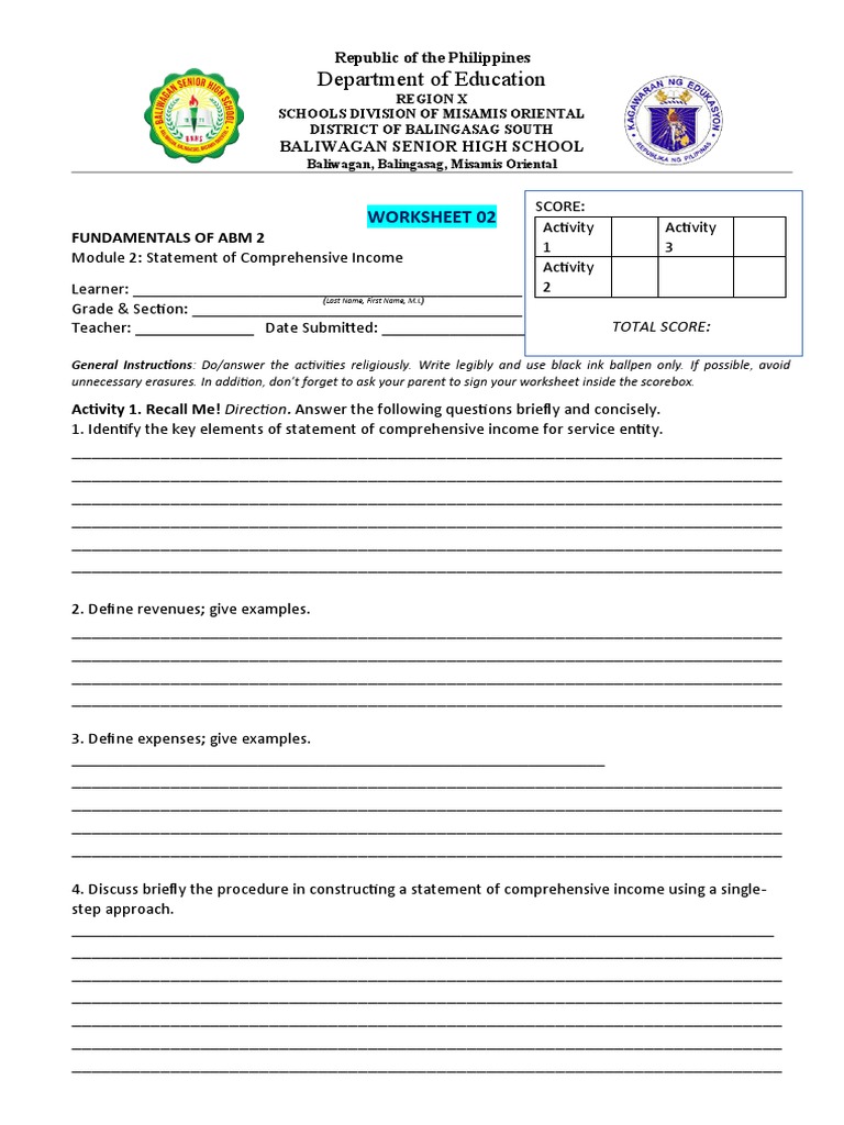 Worksheet FABM2 Q1 M2 1 SCI Single Step | PDF | Expense | Income Statement