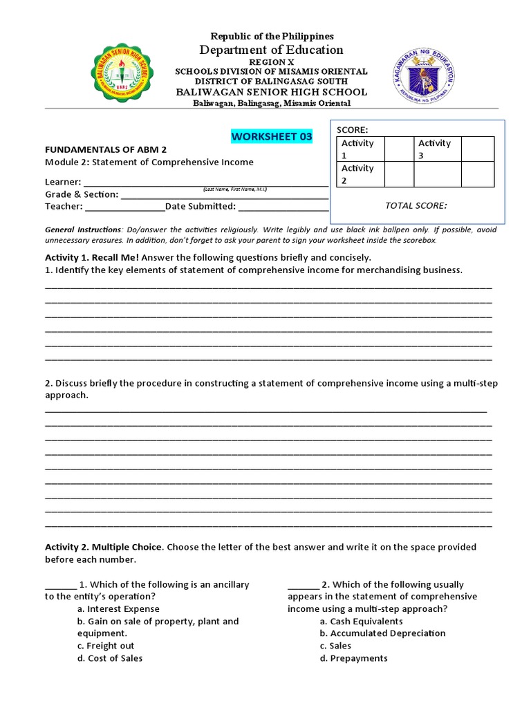 Worksheet FABM2 Q1 M2 2 SCI Multi-Step | PDF | Expense | Net Income