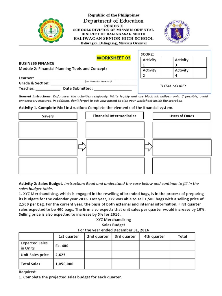 Worksheet FINANCE Q1 M2 Fin'l Planning Tools & Concepts | PDF | Budget ...