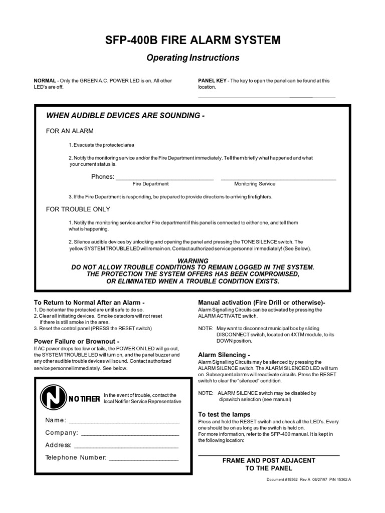 Sfp-400B Fire Alarm System: Operating Instructions | PDF | Switch ...
