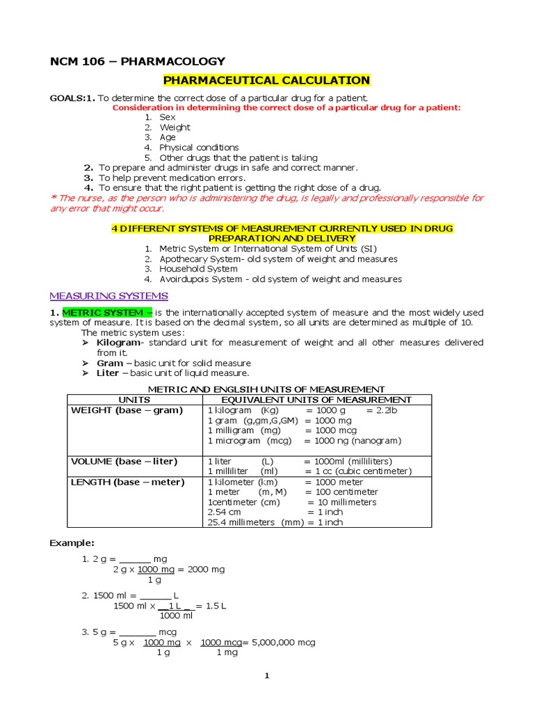 NCM 106 Pharmacology Pharmaceutical Calculation PDF, 55% OFF