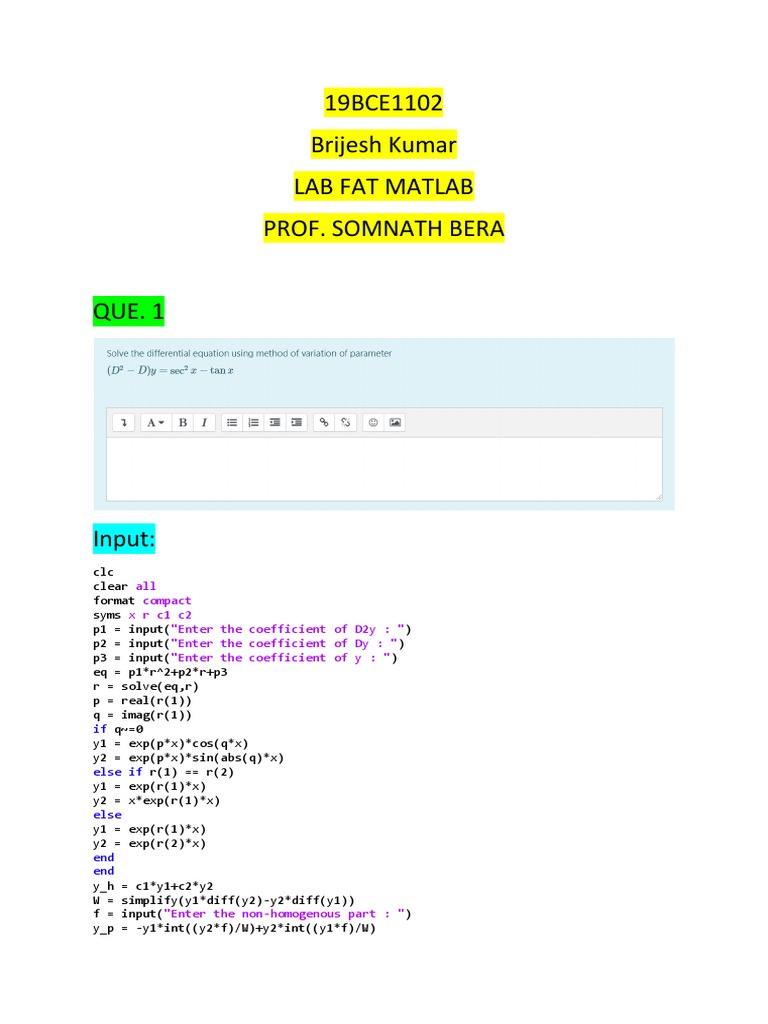 19BCE1102 Brijesh Kumar Lab Fat Matlab Prof. Somnath Bera | PDF