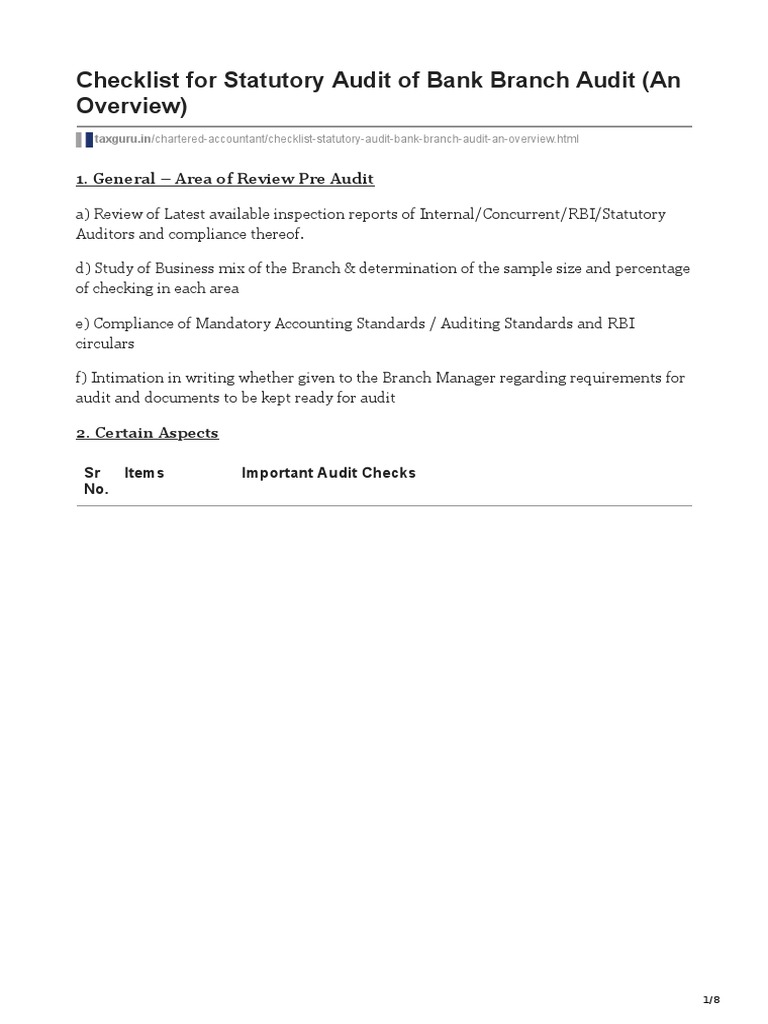 Statutory Audit Checklist for Bank Branches | PDF | Audit | Expense