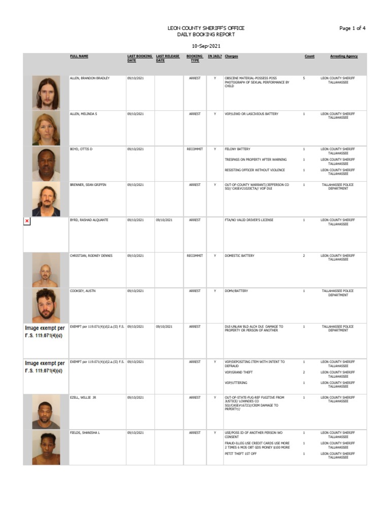 Leon County Booking Report: Sept. 11, 2021 | PDF | Assault | Arrest